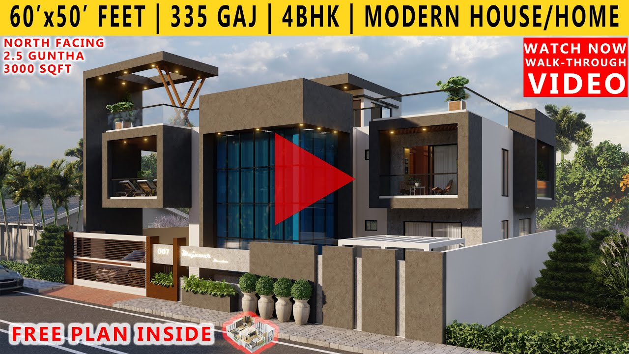 60' x 50' FEET HOUSE DESIGN | 4BHK BUNGALOW | 335 GAJ | 3000 SQUARE ...