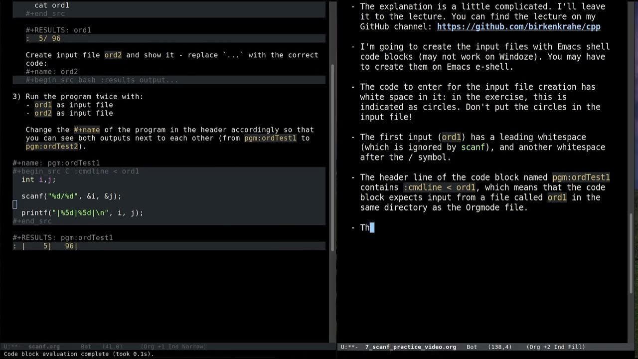 C fundamentals with Emacs + Org mode practice session: scanf (2/3) - YouTube