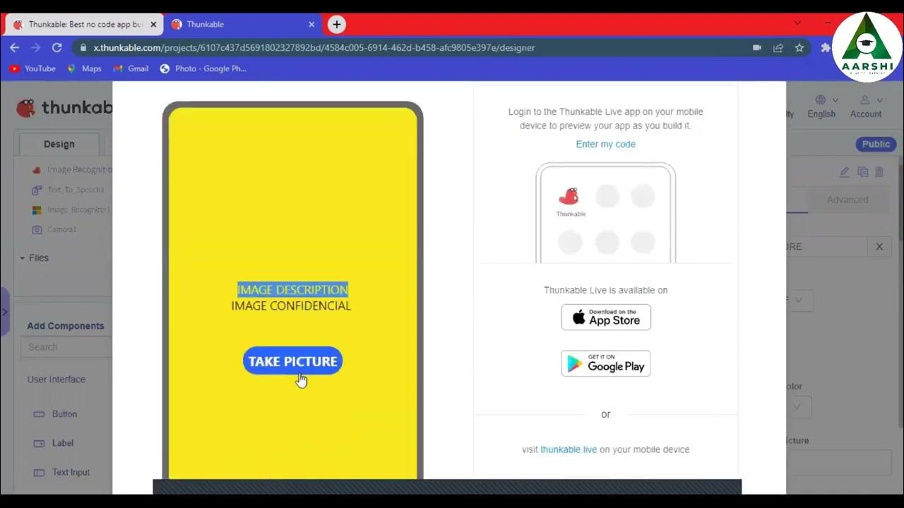 AARSHI l Image Recognition using THUNKABLE | CODING Language | Free Education APP - YouTube