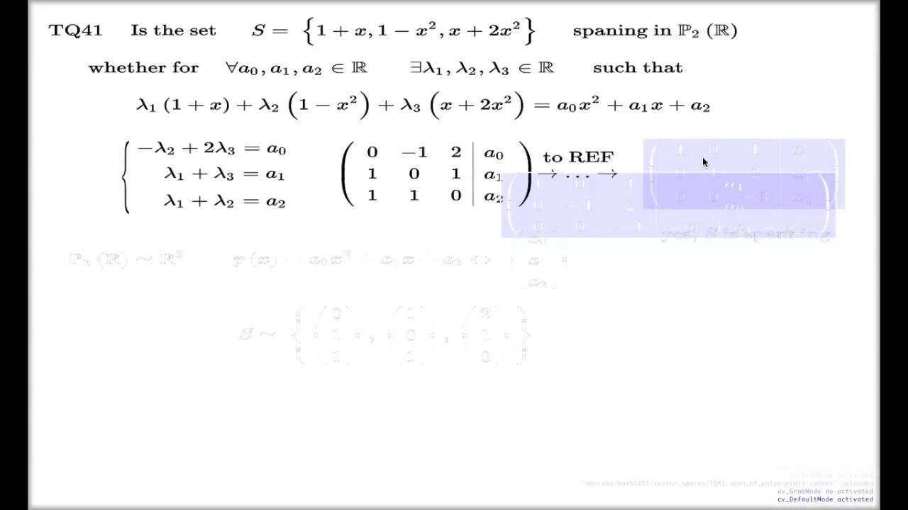 Tutorial Q41 Testing Vector In Span Polynomial Example YouTube