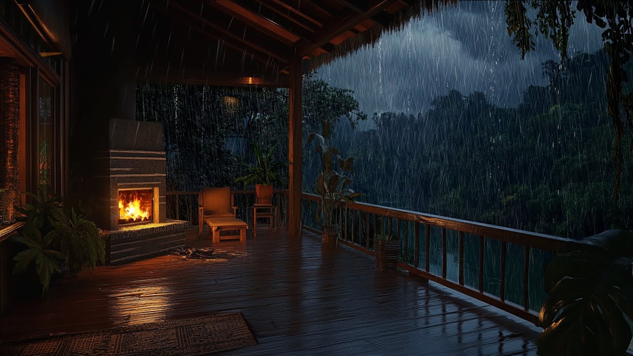 Rainy Tropical Forest Ambience Soft Rain and Thunder with Fireplace At ...