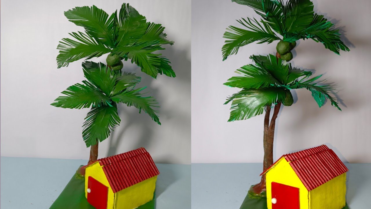 coconut tree making with paper/coconut paper tree/papercraft/tree craft ...