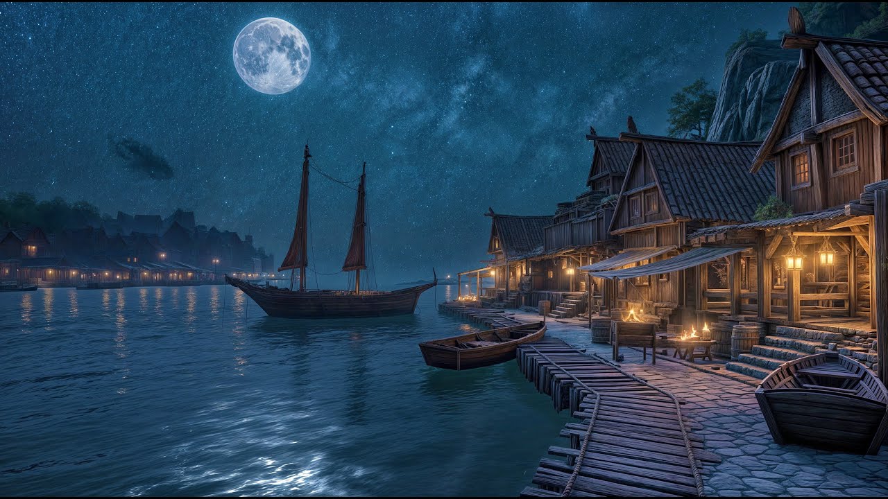 Medieval Coastal Fishing Village Ambience with Crackling Fire & Ocean ...