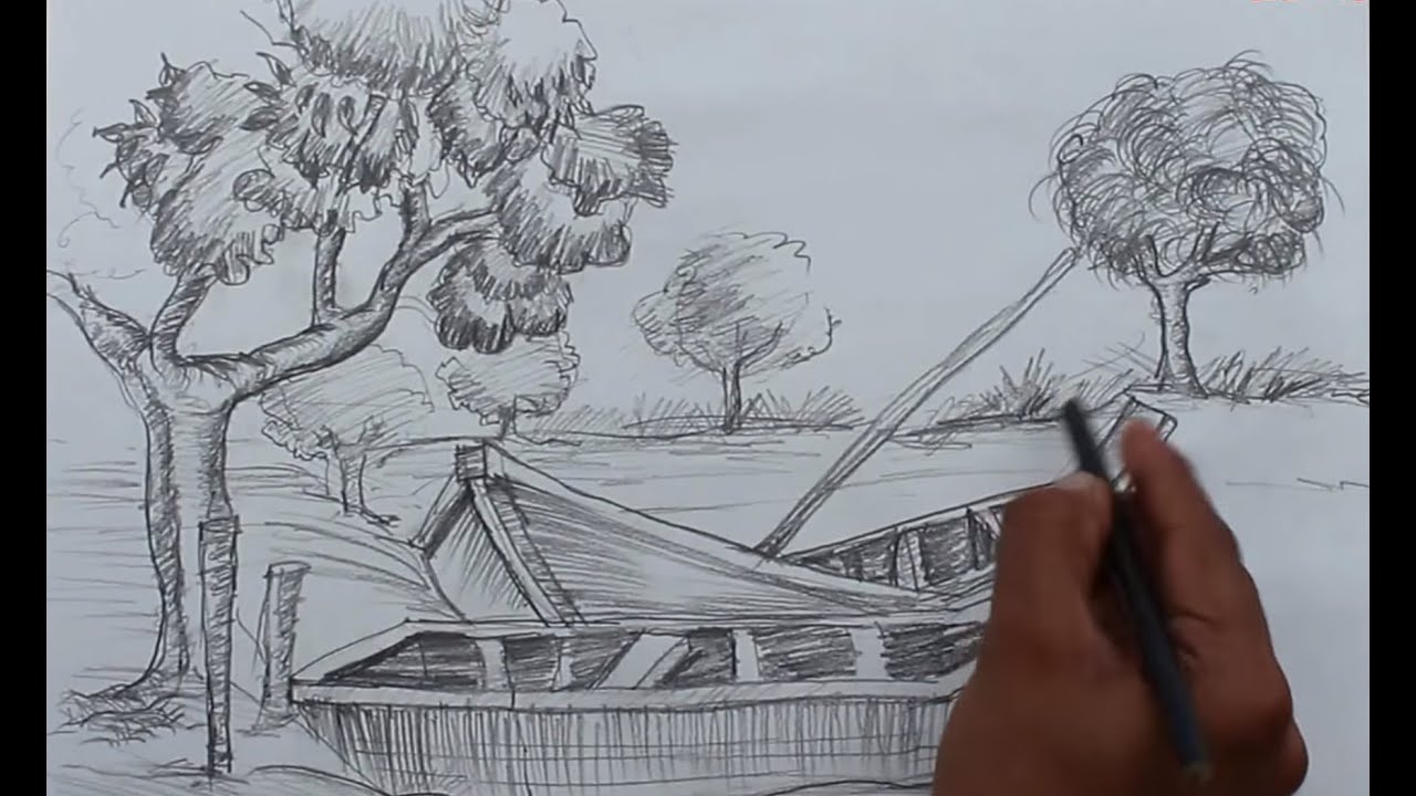 How To Draw Landscape with pencil shading - YouTube