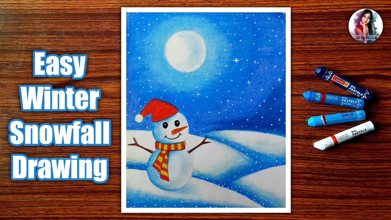 Easy winter season snowfall scenery drawing |Winter season snowman oil ...