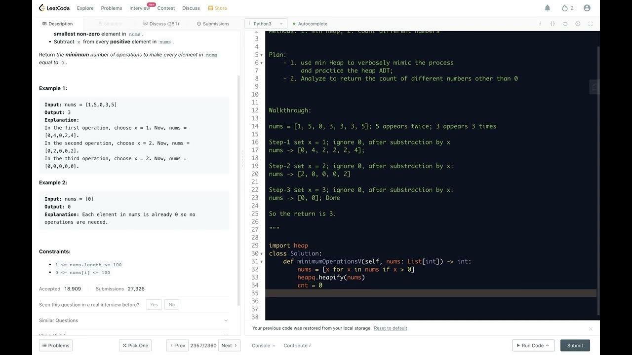 Leetcode 2357. Make Array Zero by Subtracting Equal Amounts - two solutions: simulation ...