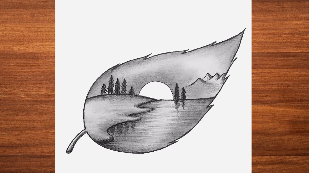 Landscape Drawing on a Leaf | How to Draw a simple Landscape - Creative Drawing idea! #drawing ...