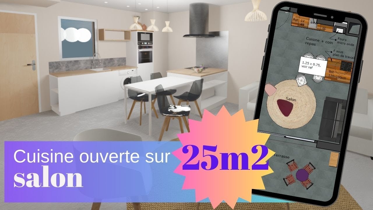 Comment aménager une cuisine ouverte sur salon de 25m2 ? - YouTube