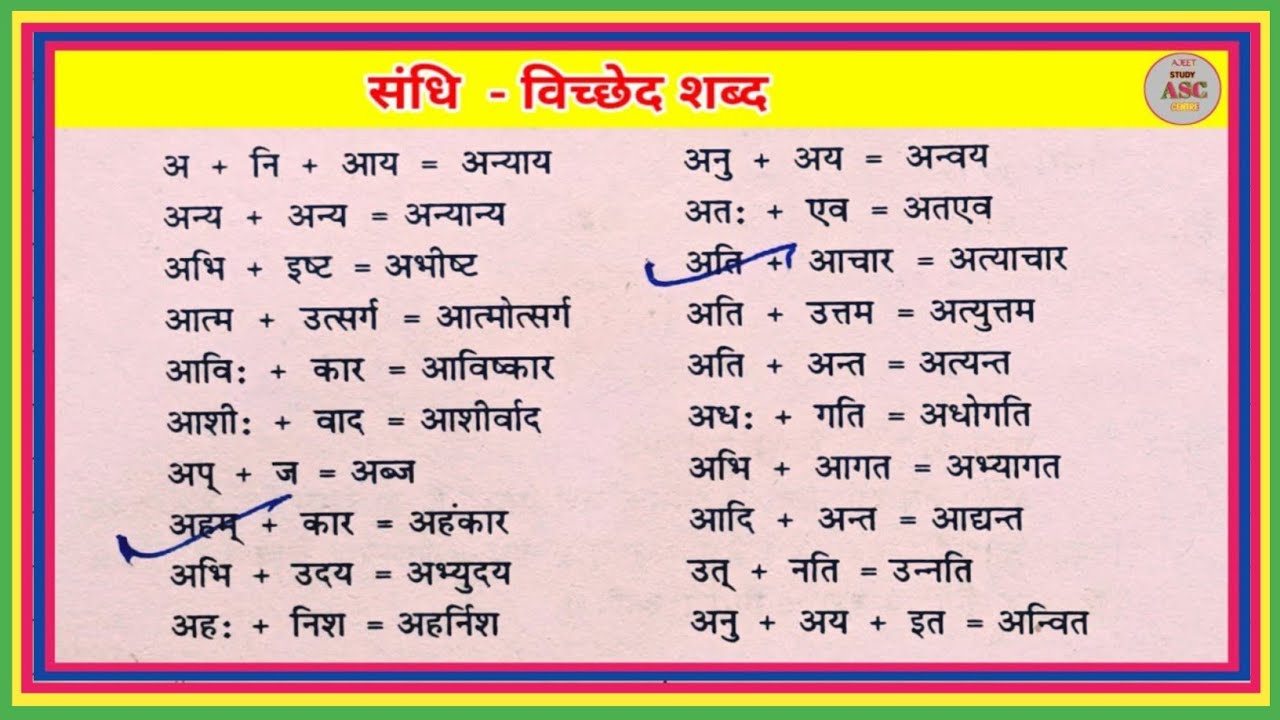 संधि - विच्छेद शब्द लिस्ट | संधि और संधि - विच्छेद शब्द | Sandhi ...