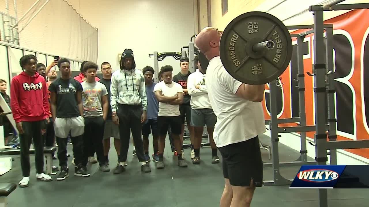2023 World's Strongest Man Mitchell Hooper visits Fern Creek football ...