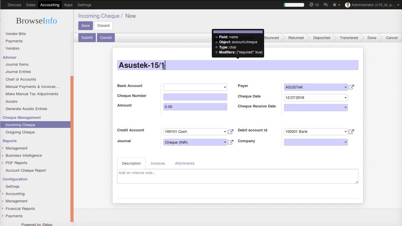 How to Manage Life Cycle of Acount Cheque Management System? | Odoo App ...