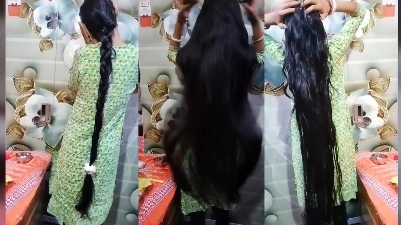 long hair heavy oiling combing and making single braid hairstyle - YouTube