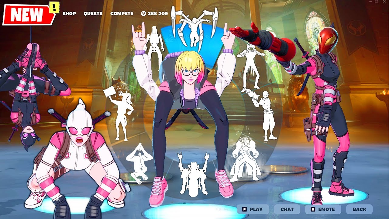 GWENPOOL Skin Fortnite doing All Built In Emotes and Funny Dances - YouTube