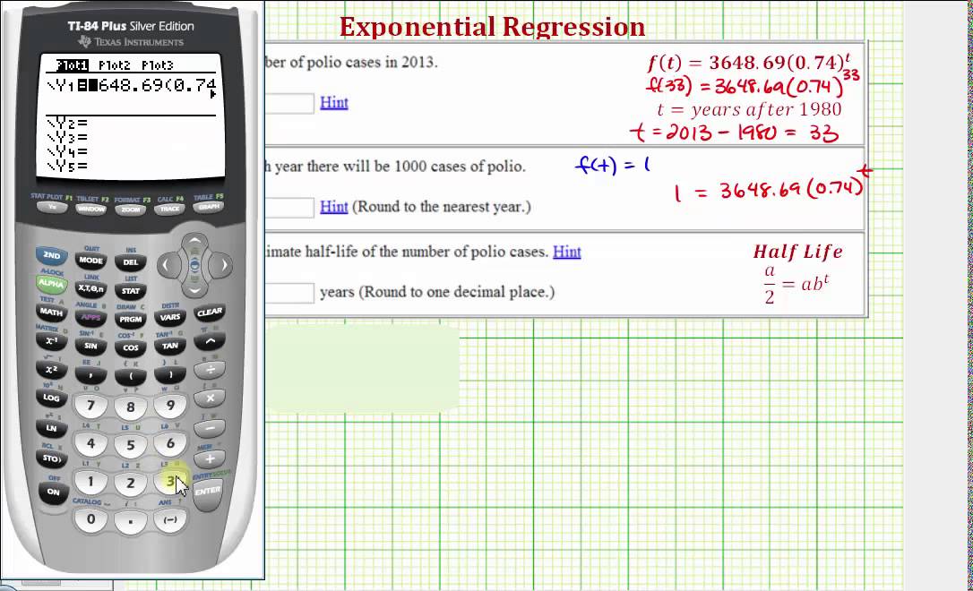 Ex: Exponential Regression Application on the TI84 (Decreasing Polio Case) - YouTube