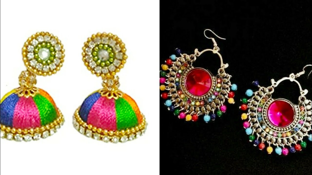 Multi colour ear rings collection for girls /multi colour thread work ...