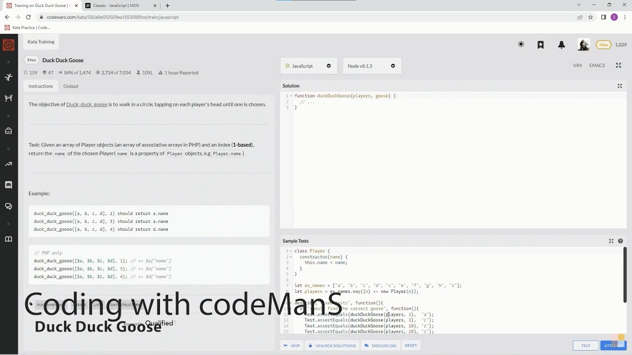Codewars 8 kyu Duck Duck Goose JavaScript - YouTube