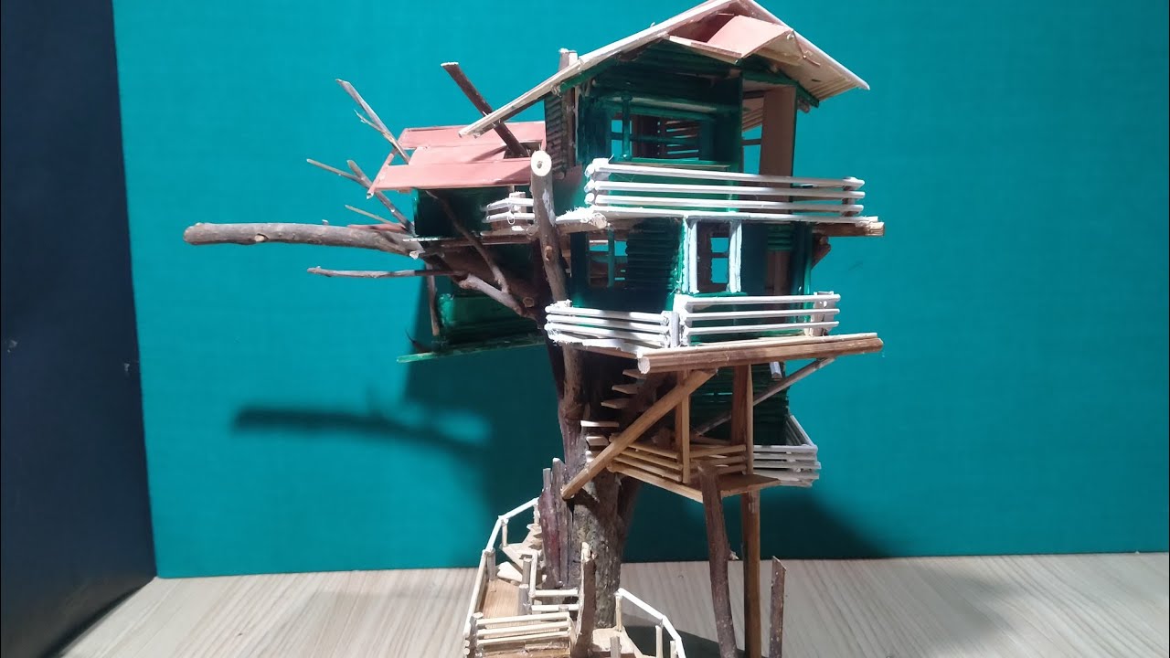 Tree house made with popsicle sticks and bamboo sticks... - YouTube