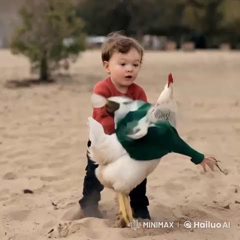 super quick fight between a boy and chicken, chicken fly after punch ...