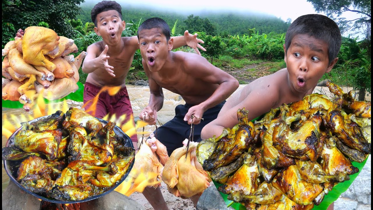 Chicken thighs, cooking recipe eating food | Primitive technology - YouTube