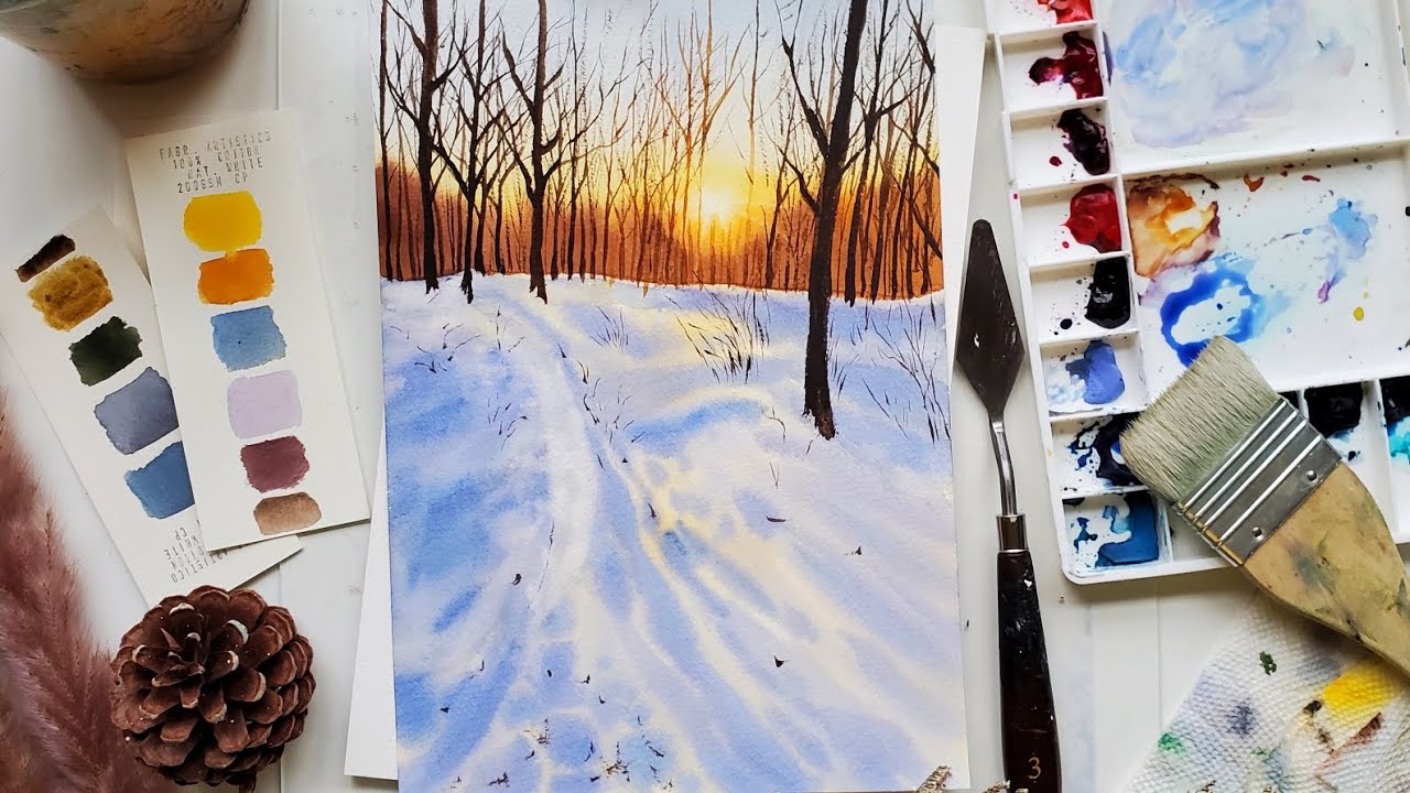 Winter landscape in watercolor: Learn to paint sunny winter morning ...