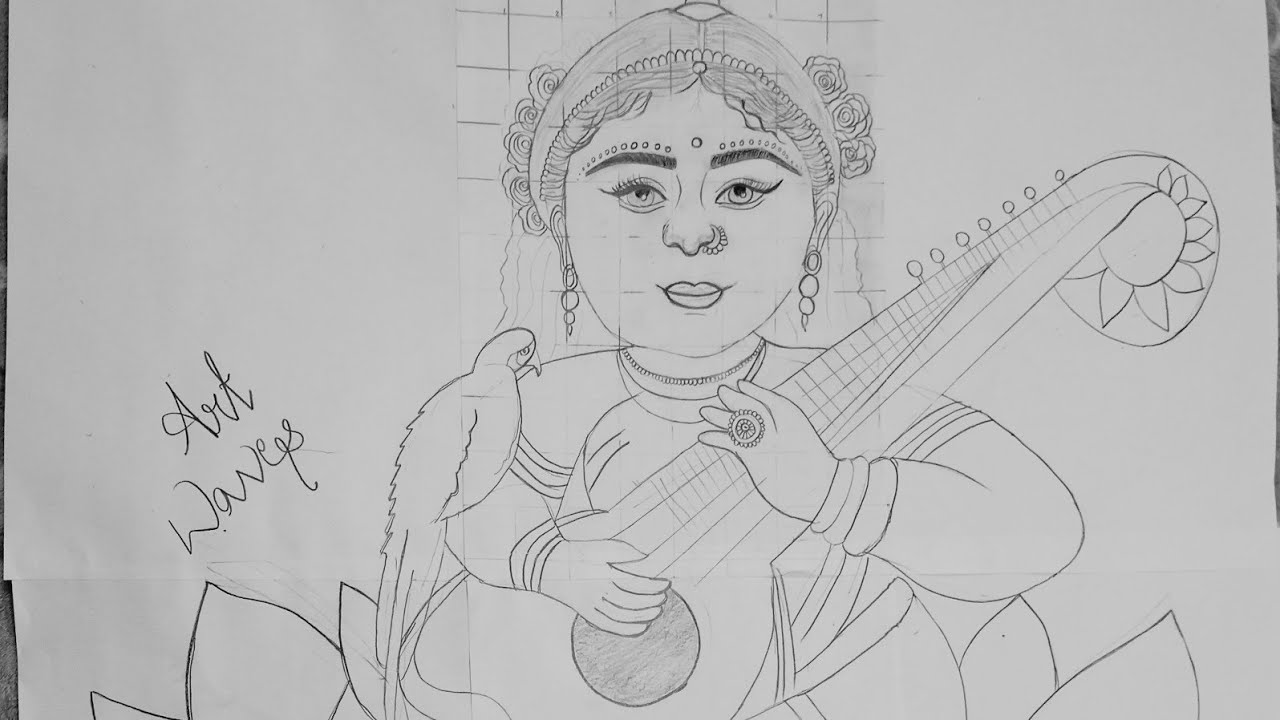 How to draw mata Saraswati ji drawing 🙏// #Art Waves// drawing mata ...