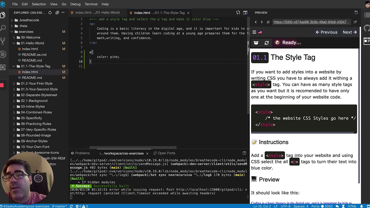Using a style tag - CSS Interactive Exercises/Course - YouTube
