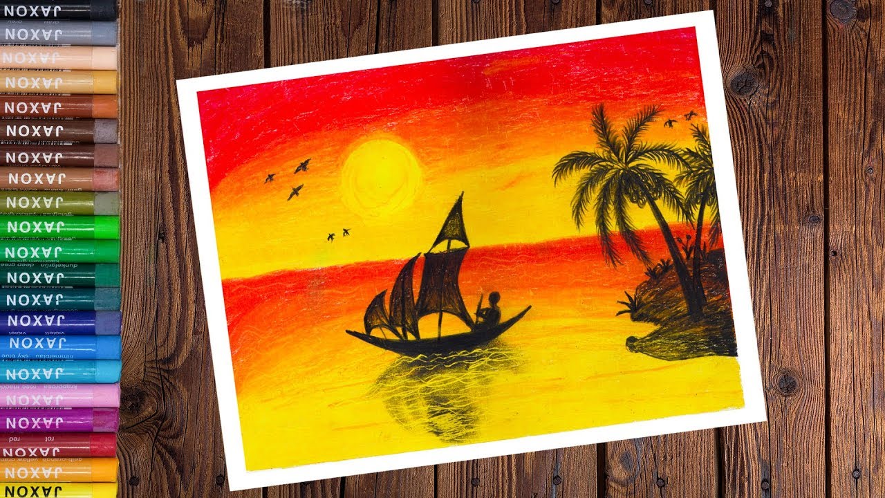 How to Draw Amazing Sunset Scenery with Oil Pastels for beginner ...