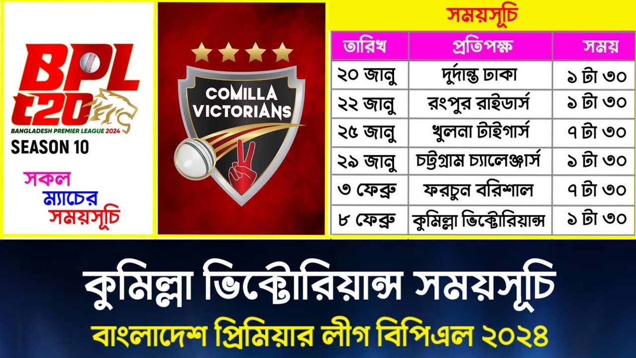 কুমিল্লা ভিক্টোরিয়ান্স সকল ম্যাচের সময়সূচি - বিপিএল ২০২৪ | Comilla Victorians BPL 2024 - YouTube