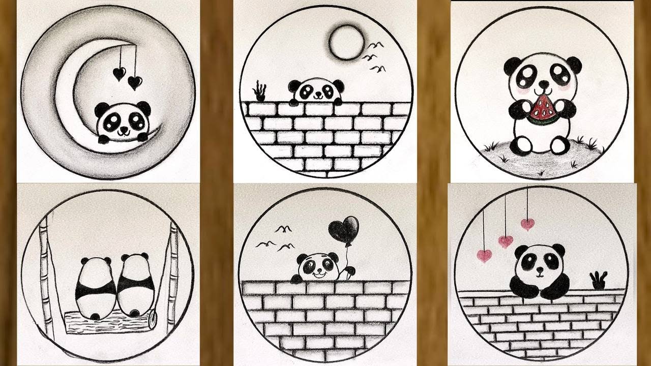 Draw 6 very cute panda just for 12min! | Easy circle scenery drawing ...