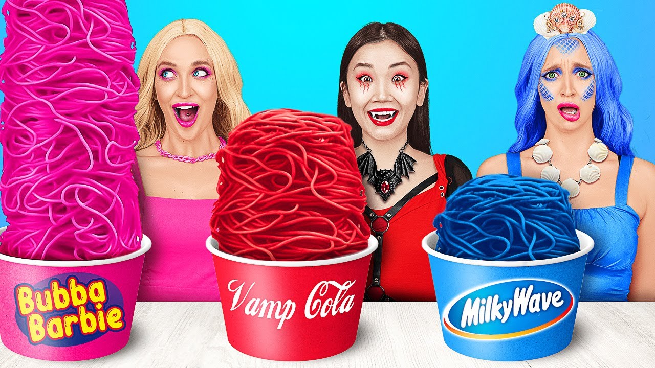 1000LAYERS FOOD CHALLENGE || Barbie VS Mermaid VS Vampire Eating Game ...