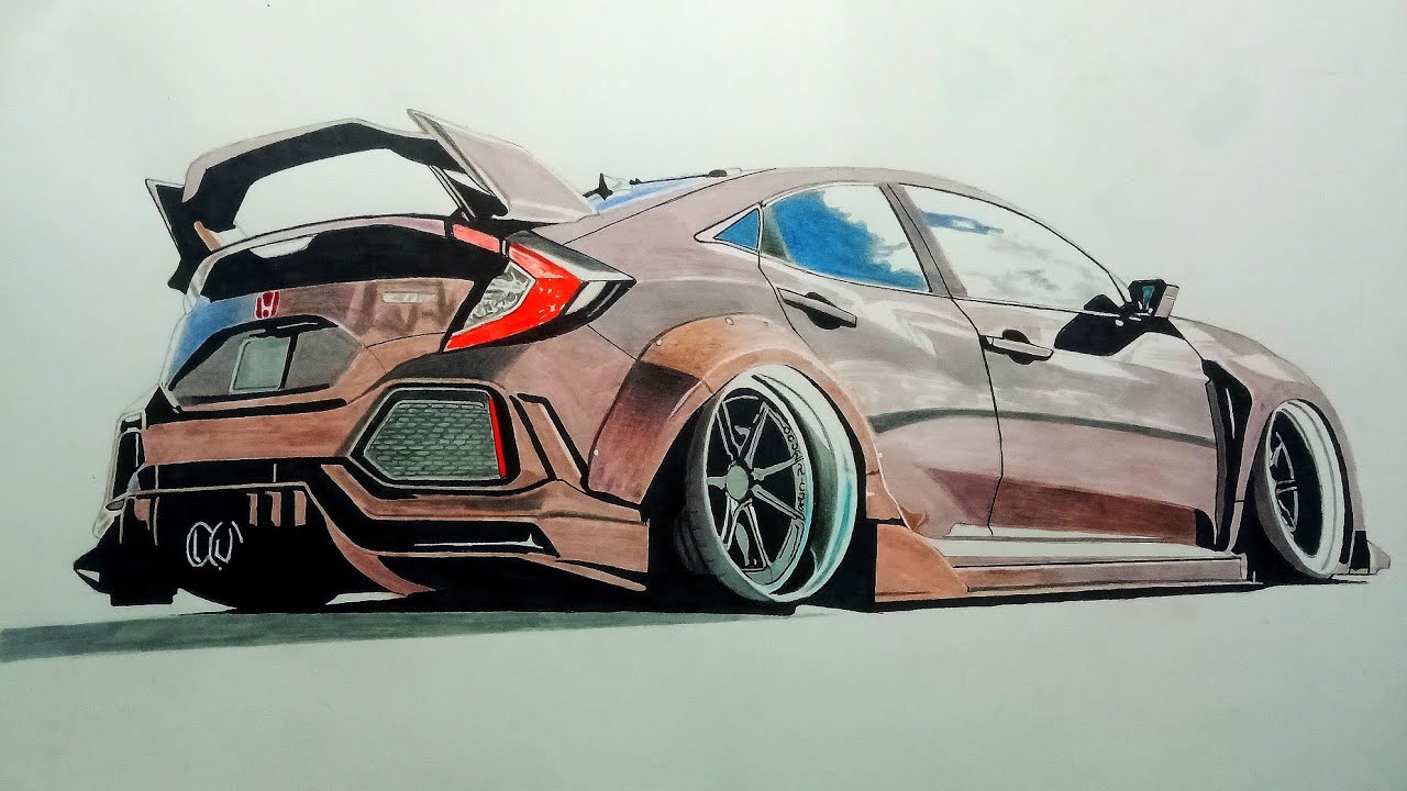"DRAWING HONDA CIVIC CAR )- Drawing Civic Car || Realistic car drawing ...