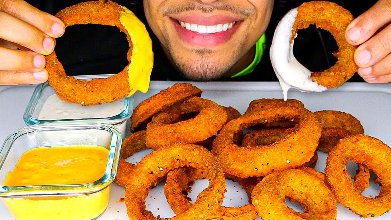 ASMR CRUNCHY FRIED ONION RINGS NO TALKING WITH CHEESE RANCH SAUCE ...