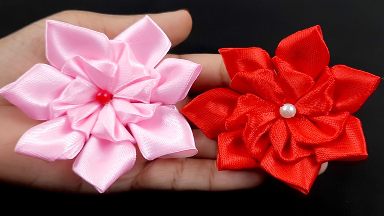 Ribbon flower | Easy & Simple ribbon flower design | How to make ribbon ...