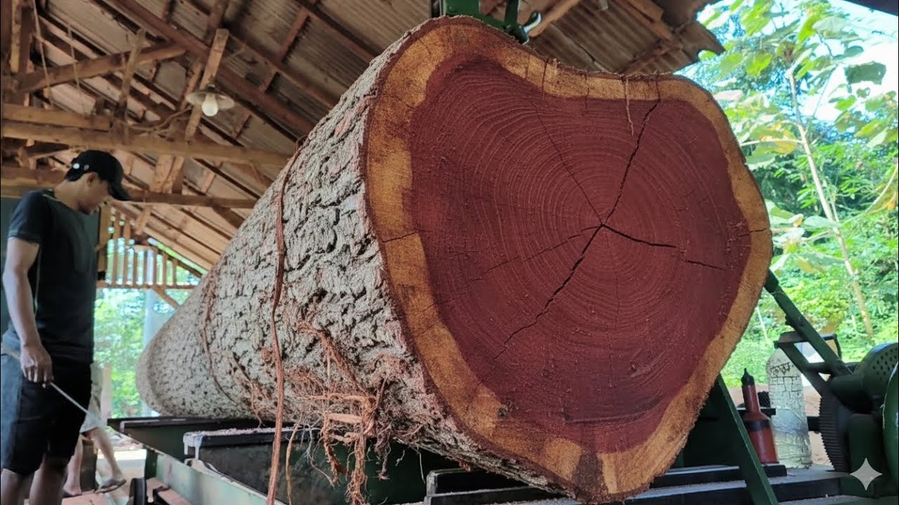 GIANT! This is the process of sawing a super-large mahogany log with a ...