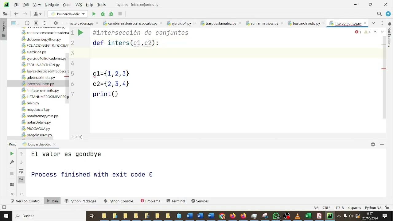 Función Intersección de conjuntos Python Pycharm PYC2BACH Bachillerato ...