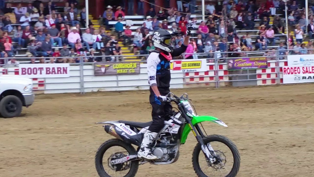 Motorcycle stunts/pro rodeo in Auburn ,Ca fairgrounds - YouTube