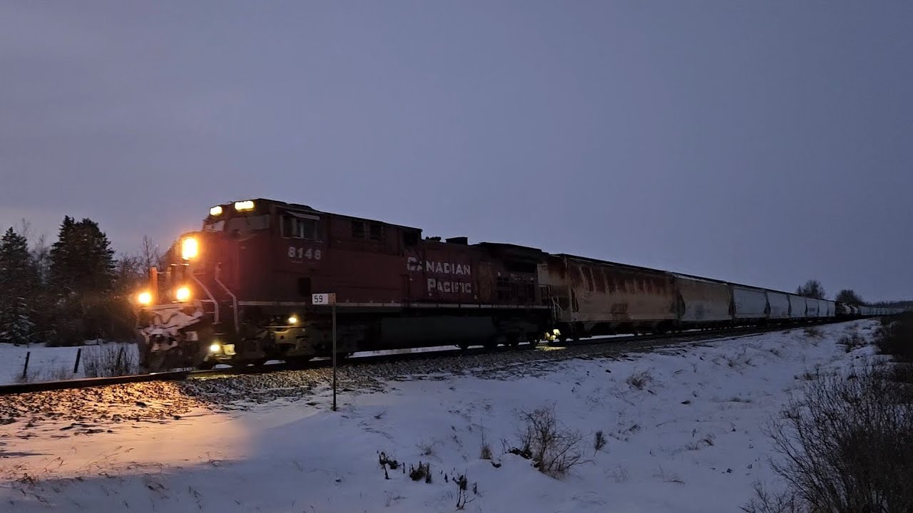 CPKC Train 242 with CP AC4400CWM 8148 lead, KCS SD70ACe 4145, and CP SD70ACu 7006 rear - YouTube