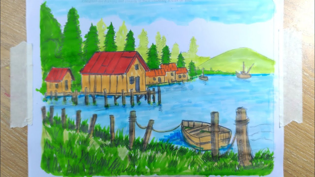 How to draw landscape / scenery of village cottage, river & boat / step ...
