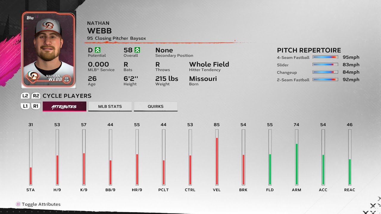 【MLBTheShow24Stats/メジャーリーグ選手能力】Orioles2A 95 Nathan Webb オリオールズ2A ネイサン ...