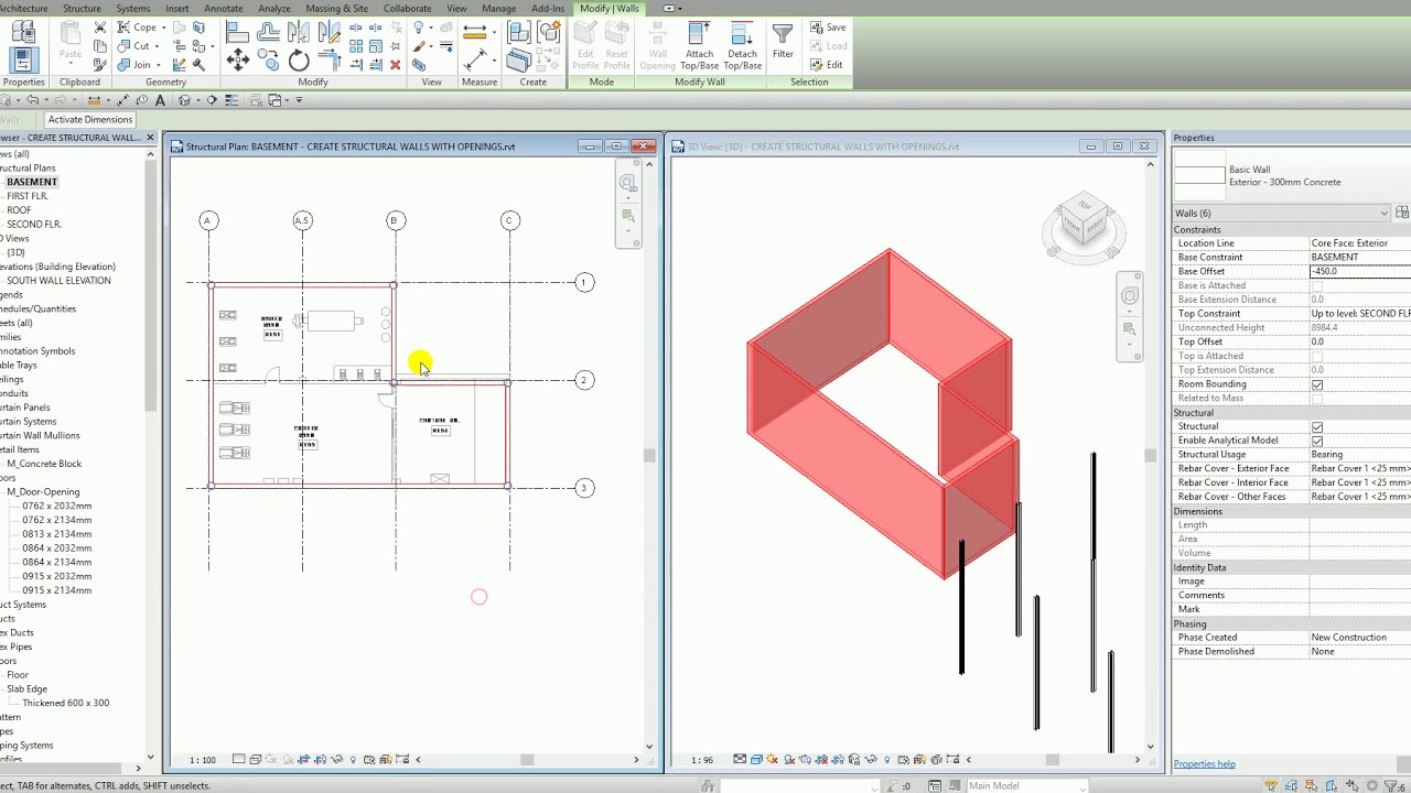 Revit Structure Lesson 3 Create Structural Walls with Openings - YouTube