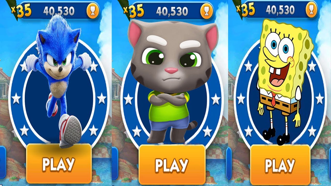 Sonic Dash vs Talking Tom Gold Run vs SpongeBob Run - Movie Sonic vs All Bosses Zazz Eggman ...
