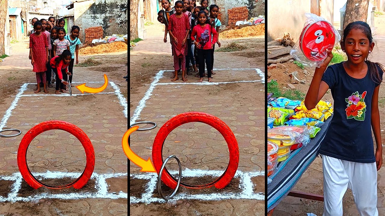 Who can pass the ring through the tyre ? game with village kids - YouTube