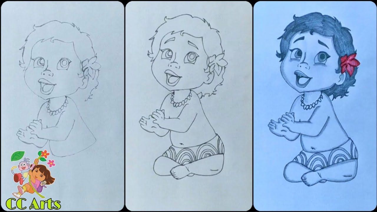 How to Draw Moana Baby || Step by Step || Pencil Sketch & Shading ...