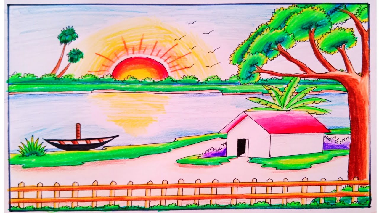 How to draw village scenery drawing for kids and beginners/prakritik ...