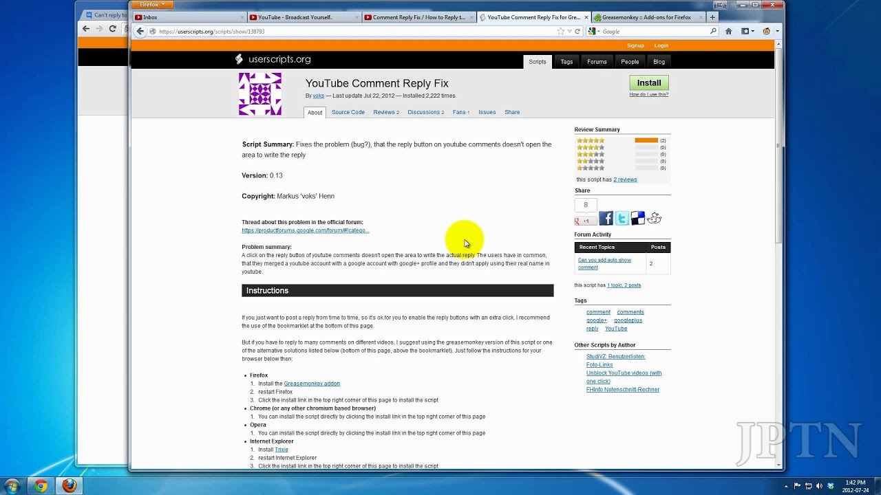 YouTube Comment Reply Fix using the Greasemonkey add-on and UserScript ...