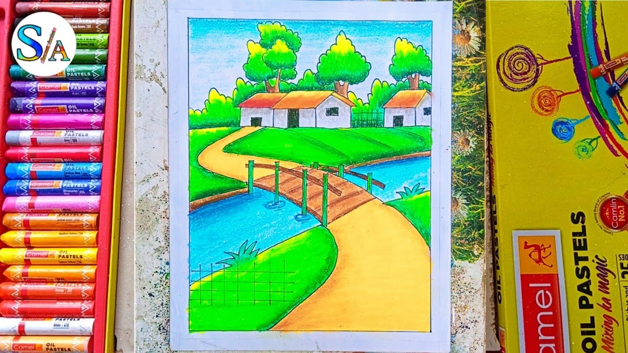 How to Draw Very Easy Oil Pastel Colour Drawing || Village Beautiful ...