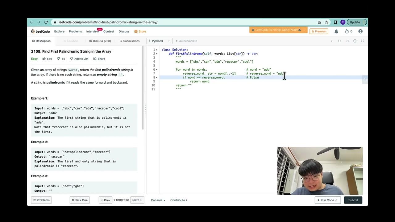 Leetcode Python - Easy - Find First Palindrome in the Array (Linear ...