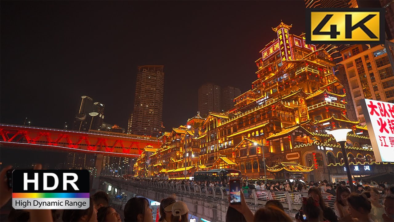 4K HDR Video | China Night Walk | Chongqing Night Walk | Hongya Cave ...