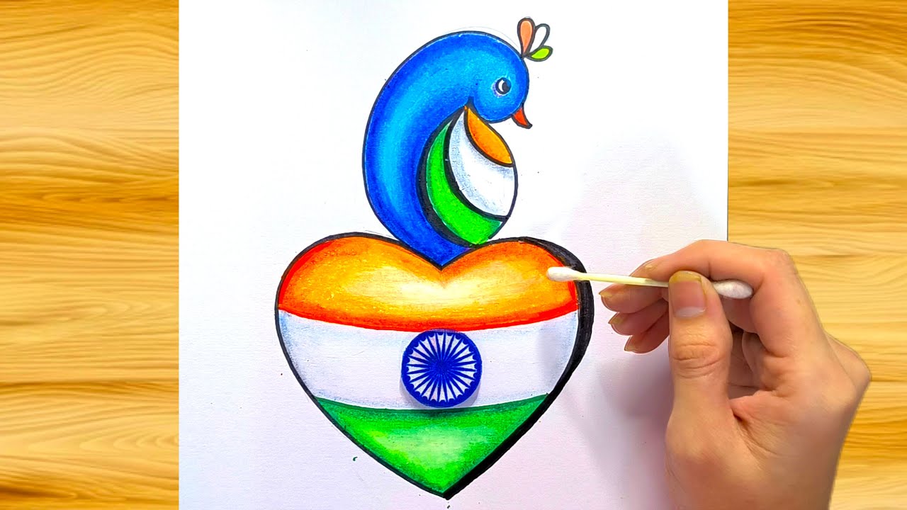 Independent Peacock with tricolour Heart 🧡🤍💚 Drawing using 6 | Happy ...