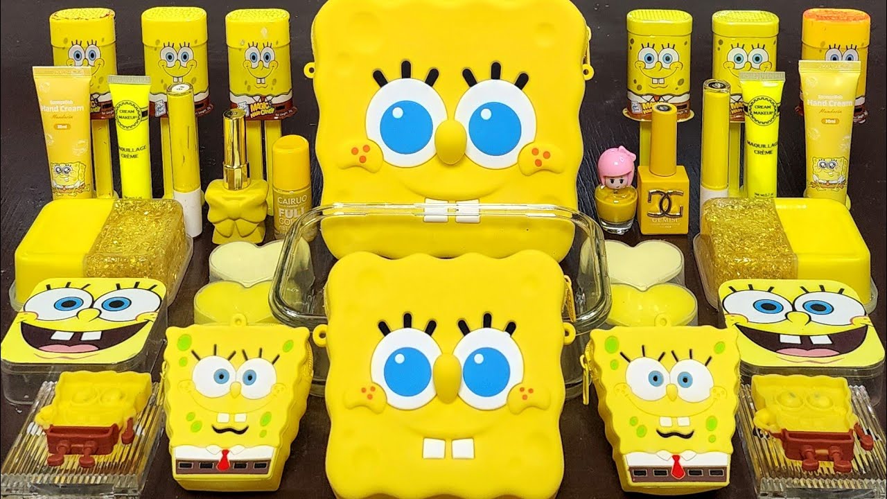Spongebob Slime Mixing Makeup,Parts, Glitter Into Slime! Satisfying ...